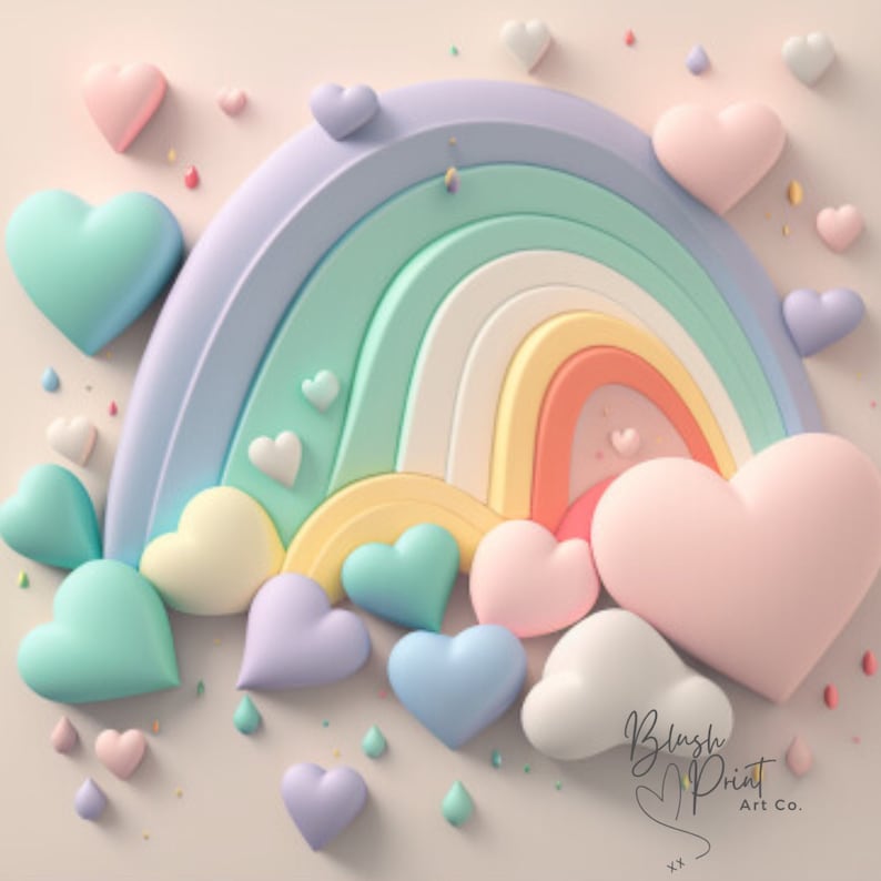 8k Cute Rainbow Hearts Printable Nursery Wall Art Square Print, Wall ...