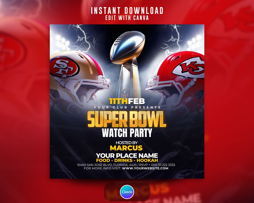 Editable Super Bowl 2024 Flyer, Canva Super Bowl Watch Party Flyer ...