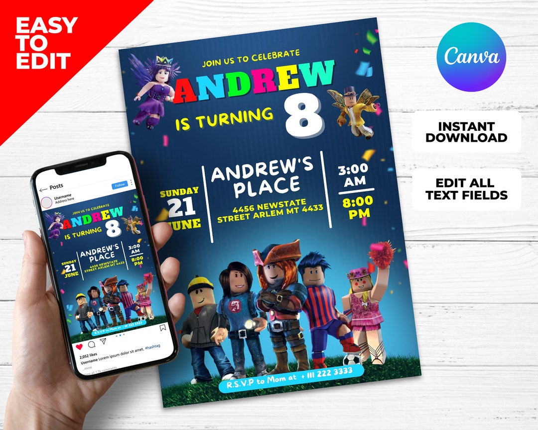 Roblox Invite Roblox Birthday Invitation Roblox Party Invitation Roblox ...