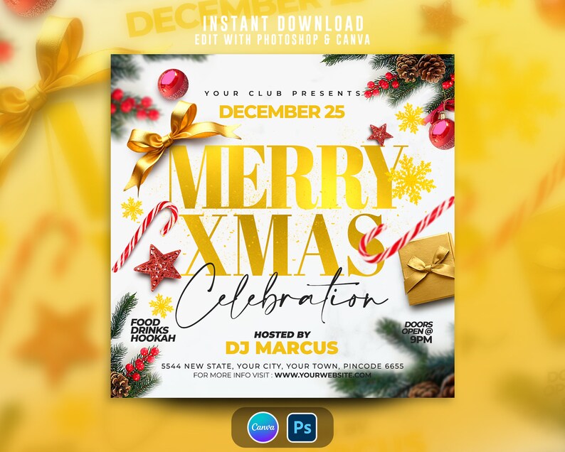 Editable Christmas Party Flyer Template, Canva & Photoshop (digital ...