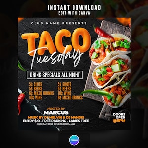 Taco Tuesday Party Flyer, Instant Download, Cava - Etsy