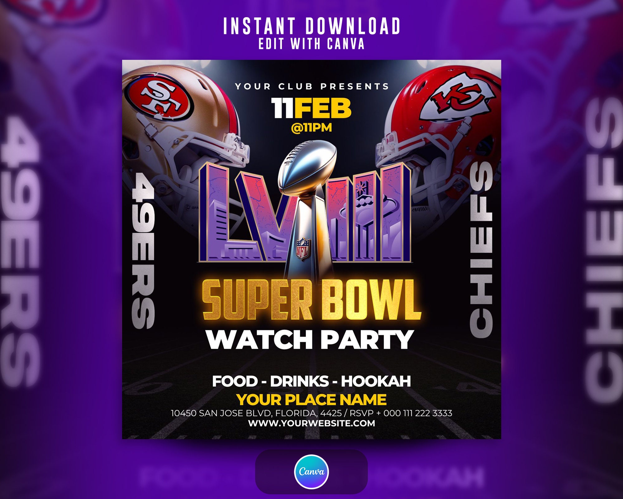 Editable Super Bowl 2024 Flyer, Canva Super Bowl Watch Party Flyer ...