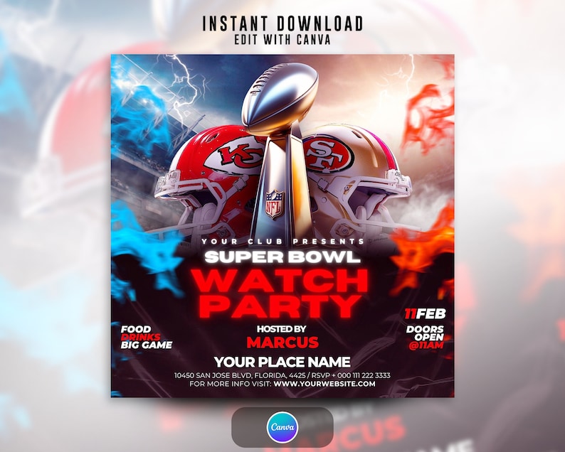 Editable Super Bowl 2024 Flyer, Canva Super Bowl Watch Party Flyer ...