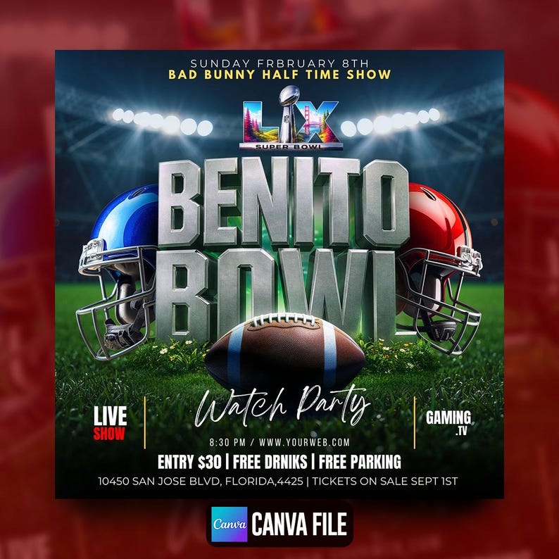 Editable Super Bowl 2026 Watch Party Flyer, Benito Bowl (canva Template ...