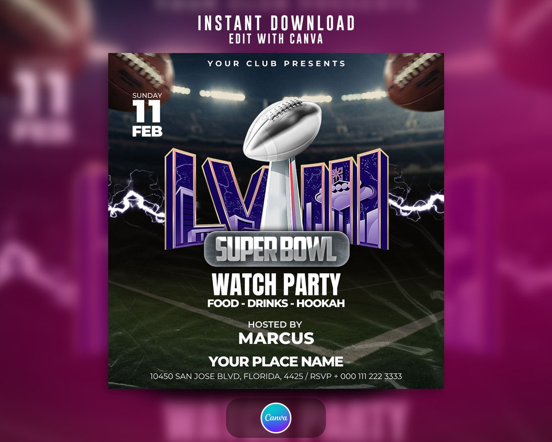Editable Super Bowl 2024 Flyer, Canva Super Bowl Watch Party Flyer ...