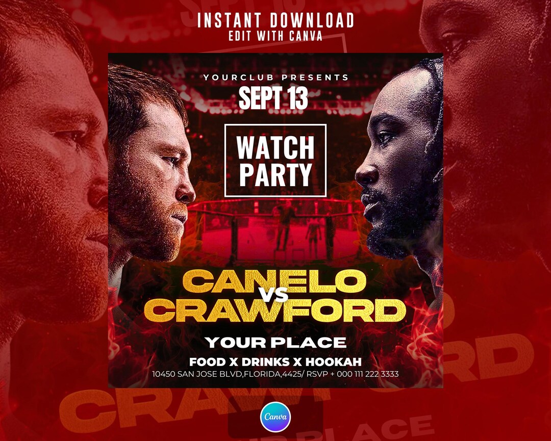 Canelo Alvarez Vs Terence Crawford Watch Party Flyer, Edit on Canva - Etsy