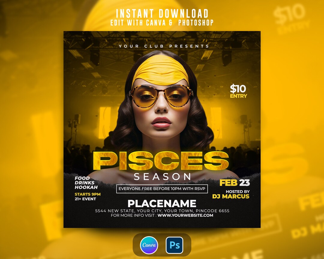 Editable Pisces Season Party Flyer: Canva & Photoshop (4x4 Inch ...