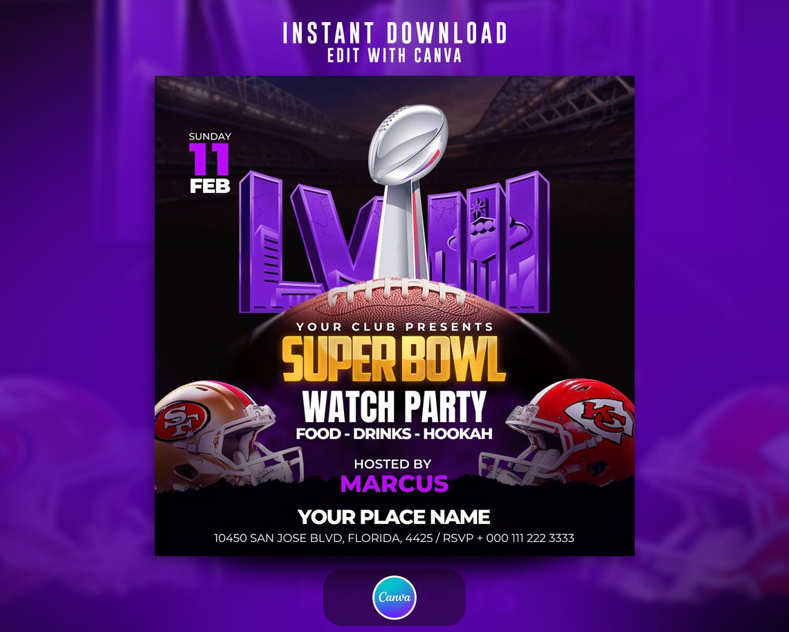 Editable Super Bowl 2024 Flyer, Canva Super Bowl Watch Party Flyer ...