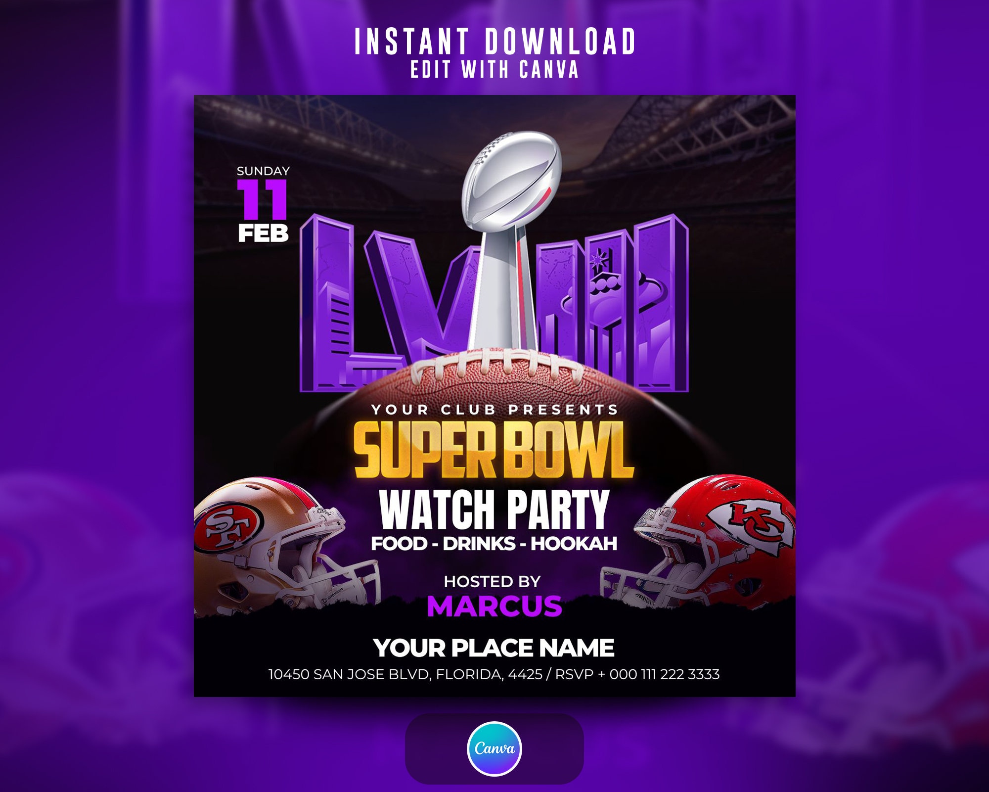 Editable Super Bowl 2024 Flyer, Canva Super Bowl Watch Party Flyer ...