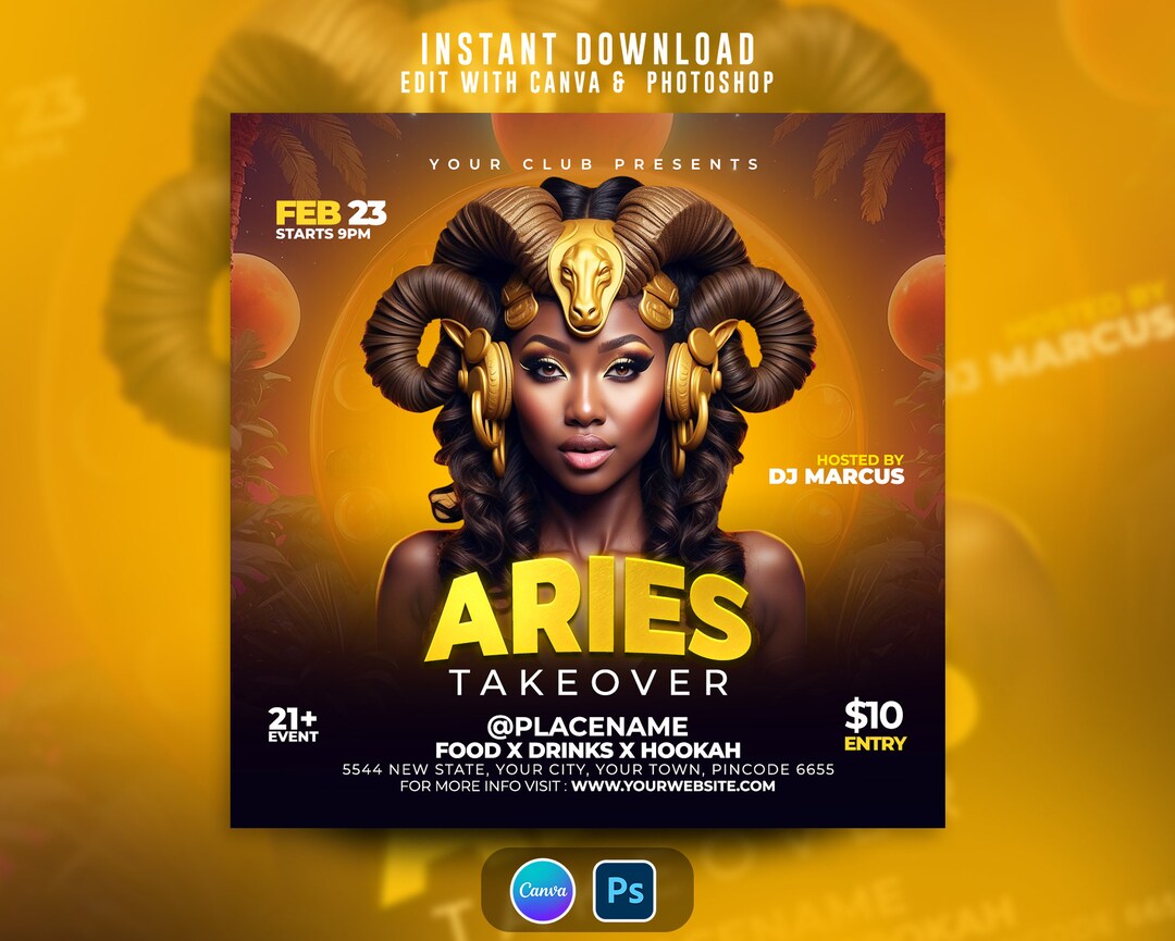Aries Takeover Party Flyer, Editable on Cava and Photoshop - Etsy
