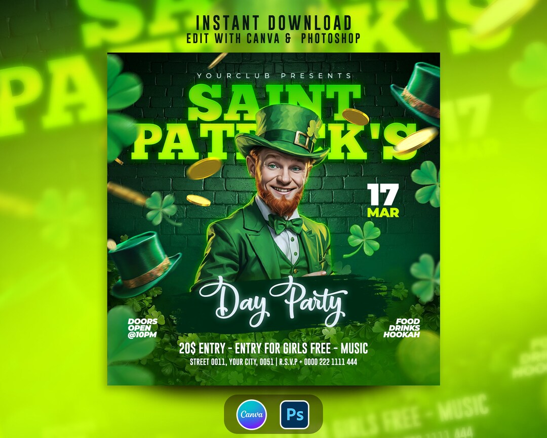 St Patrick's Party Flyer, Edit on Cava and Photoshop - Etsy