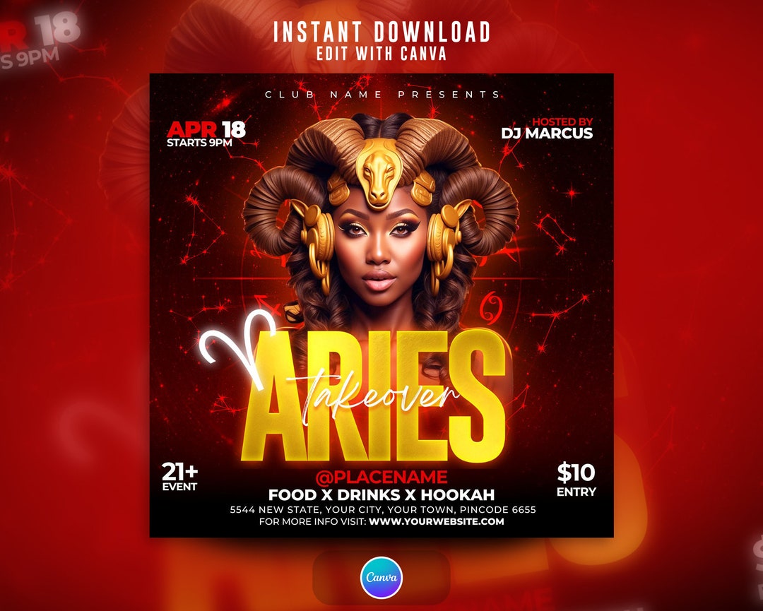 Editable Aries Flyer, Aries Birthday Bash Flyer | Aries Season Canva ...