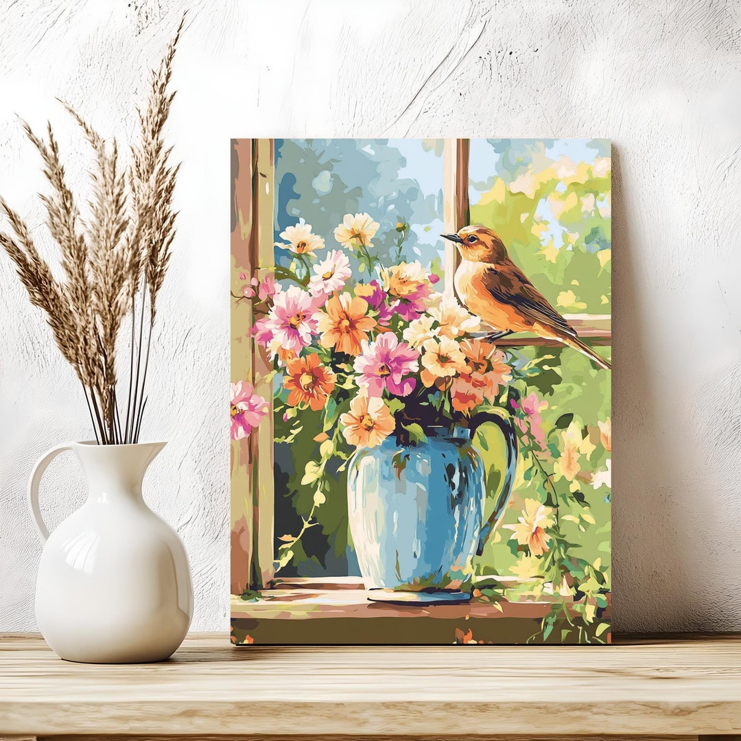Paint by Numbers Bird on a Flower Vase Still Life,vibrant DIY Paint by ...