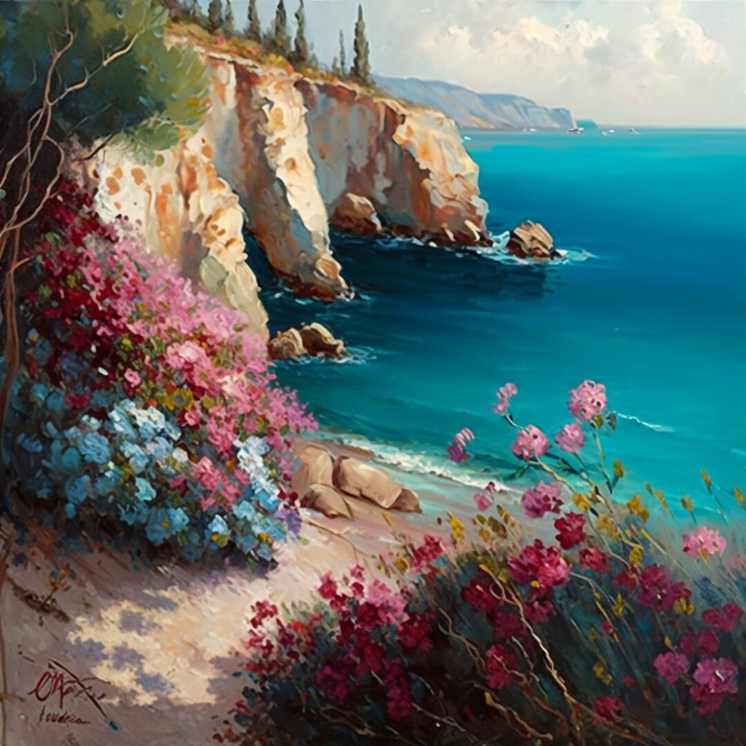 Mountain Cliff With Pretty Flowers Paint by Numbers DIY - Etsy