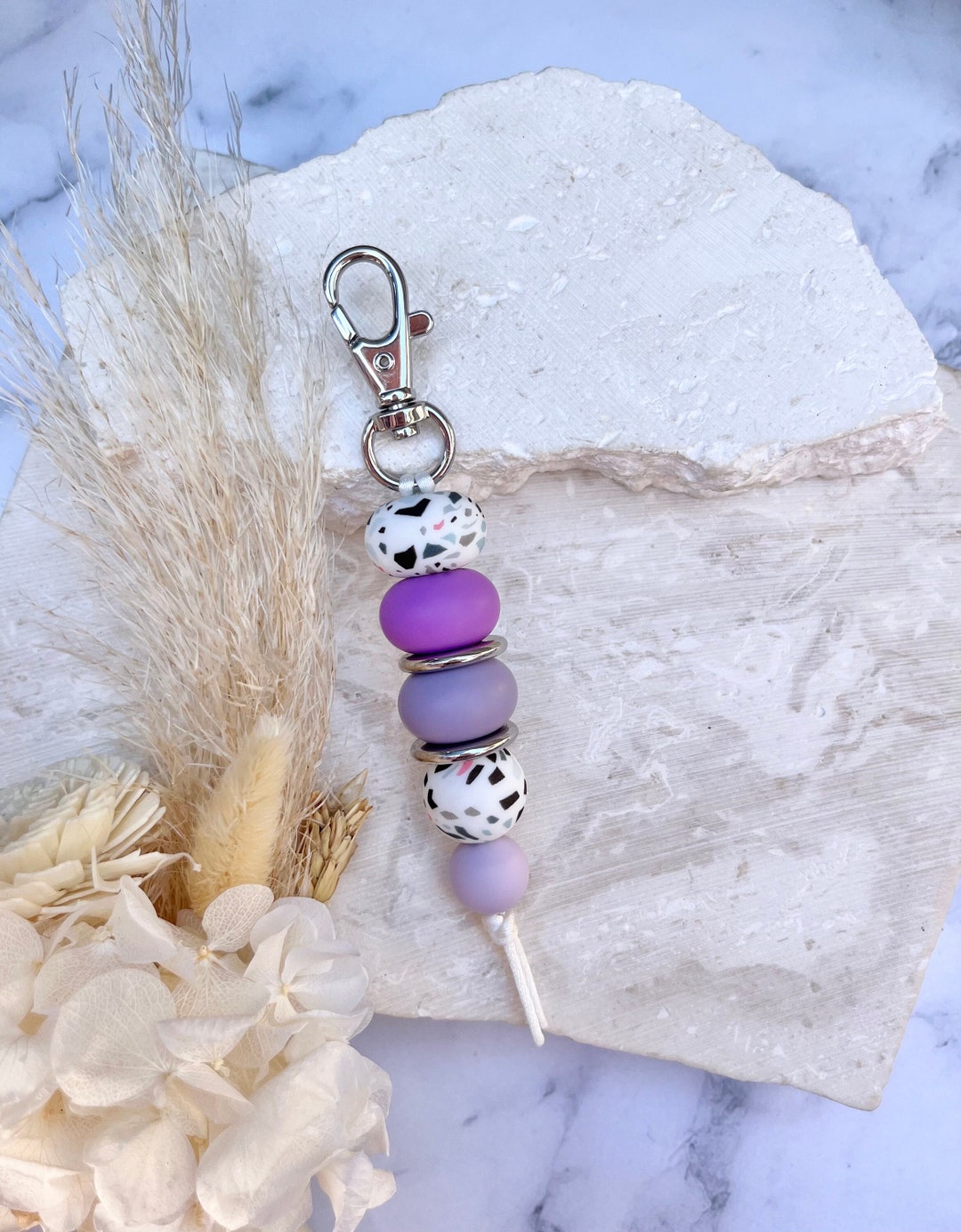Purple Terrazzo Keychain Keys Accessories Silicone Beaded Keychain ...