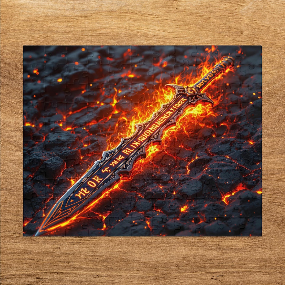 Flaming Sword Puzzle, Fantasy Weapon Art, Epic Fire Sword, Detailed ...