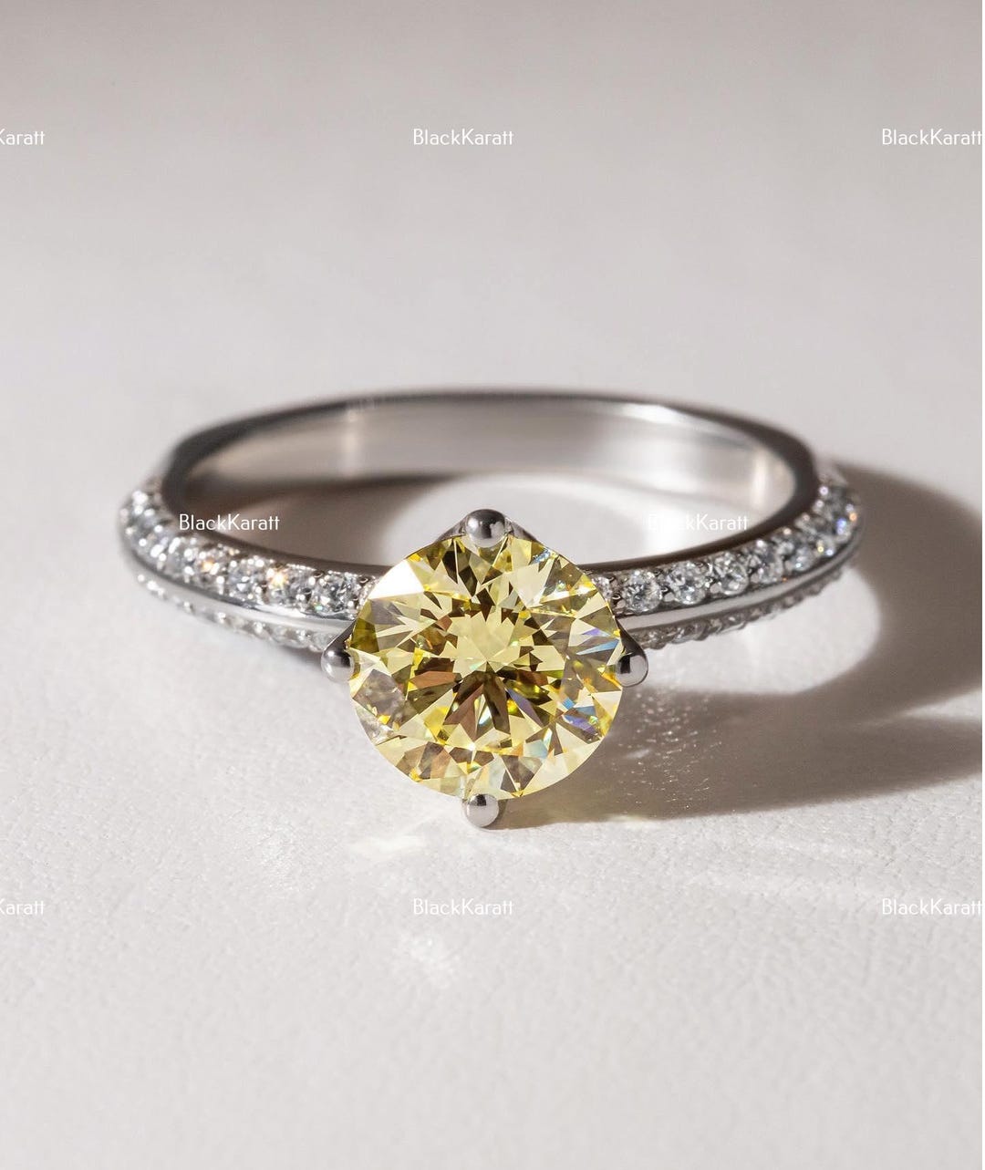 Round Yellow Lab Diamond Engagement Ring With Pave Diamond Band - Etsy