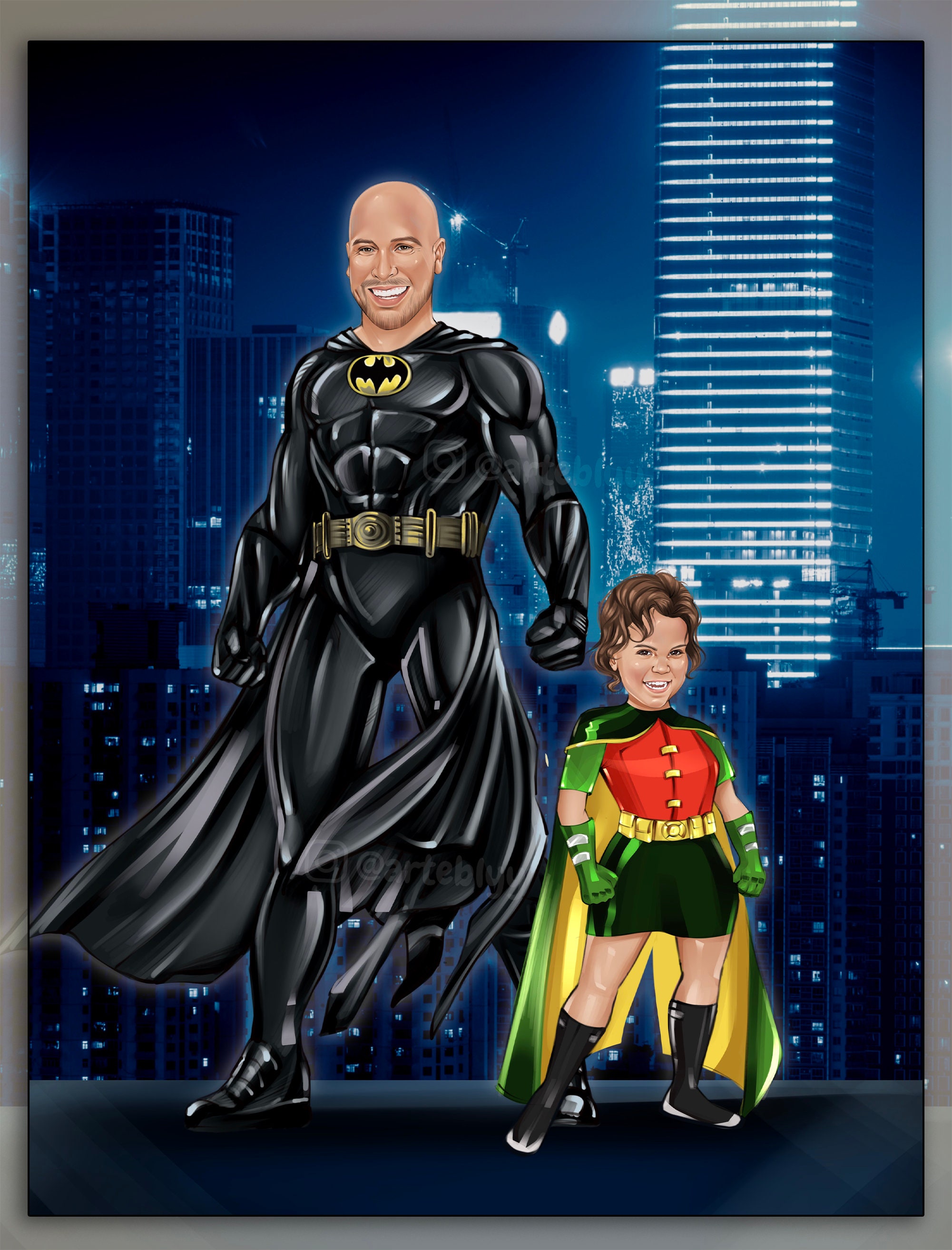 Custom Portrait of Dad and Child in Superhero Style, Caricature of a ...