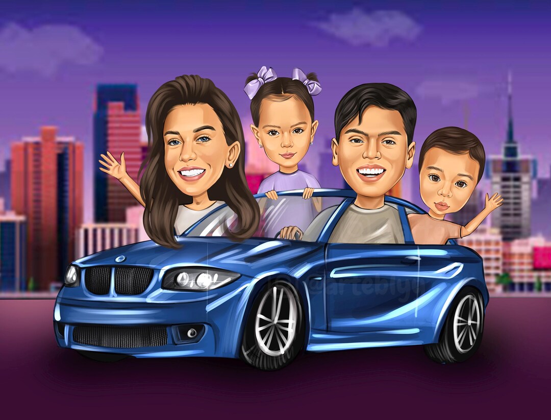 Personalized Family Cartoon Portrait With Car – Custom Group ...