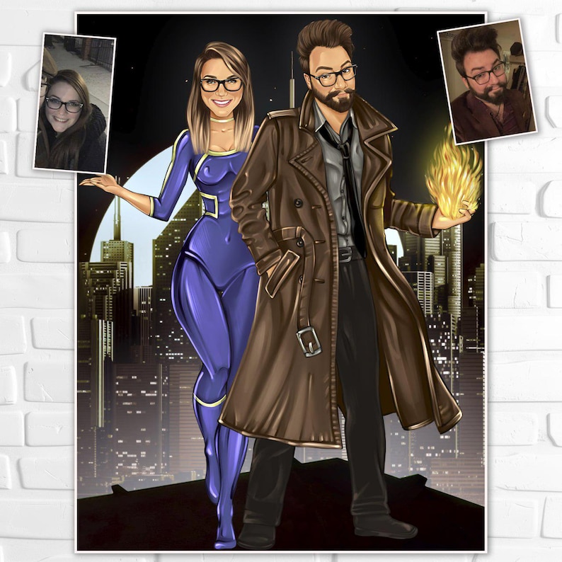 Custom Superhero Couple Portrait From Photo, Personalized Cartoon Hero ...