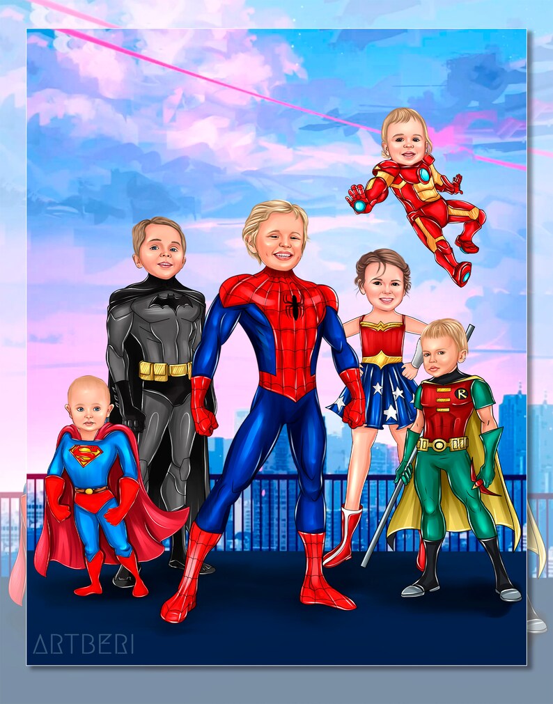 Custom Superhero Family Portrait Portrait From Photo Group - Etsy