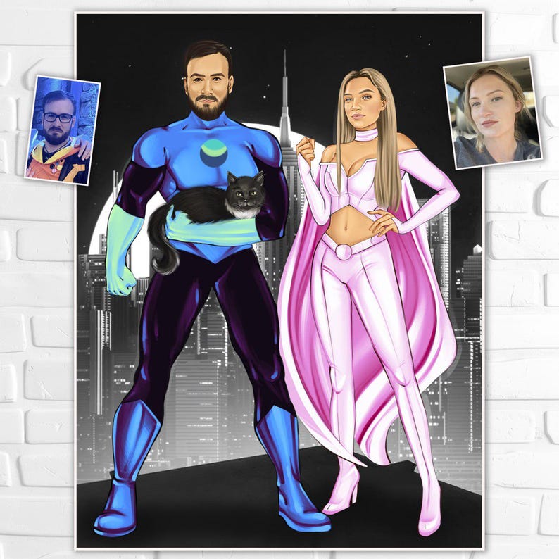 Custom Superhero Couple Portrait From Photo, Personalized Cartoon Hero ...
