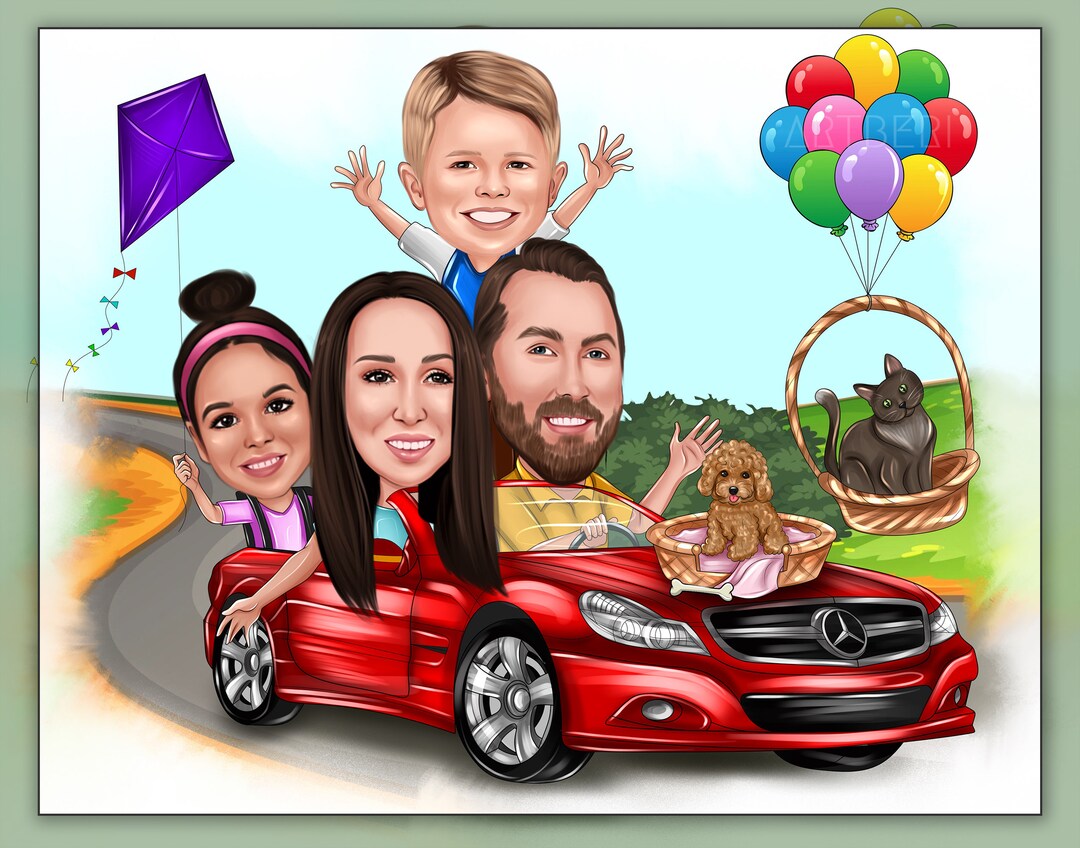 Custom Family Portrait With Car: A Unique Gift for Car Lovers and a ...