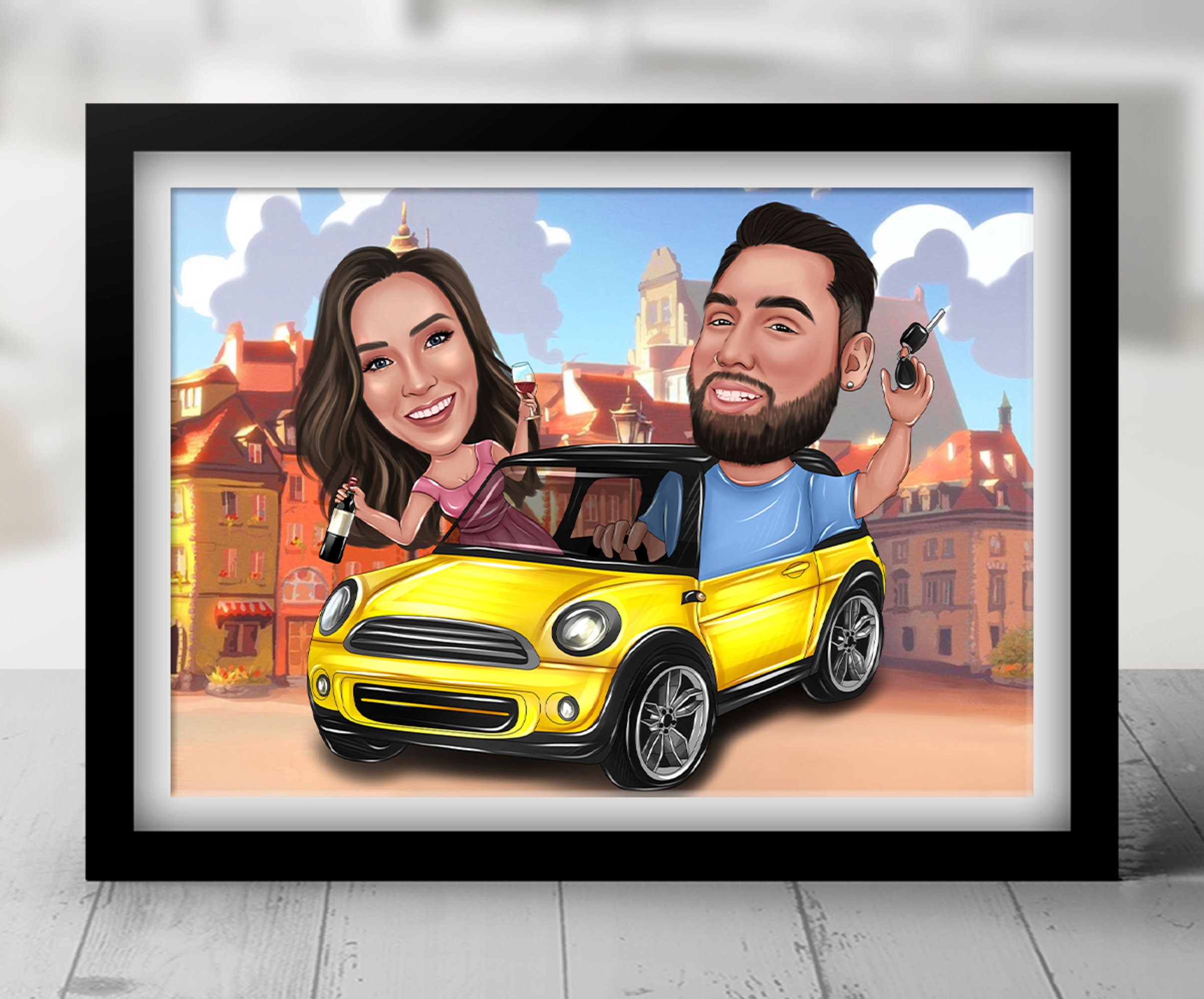 Personalized Family Cartoon Portrait With Car – Custom Group ...