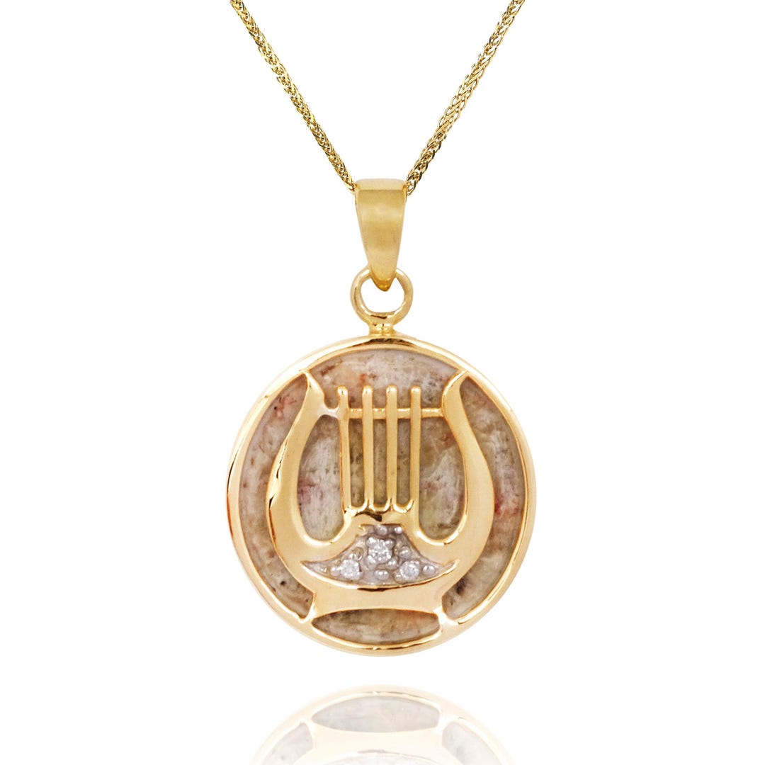 14K Gold and Diamond Jerusalem Stone Harp Necklace, David Harp Pendant ...