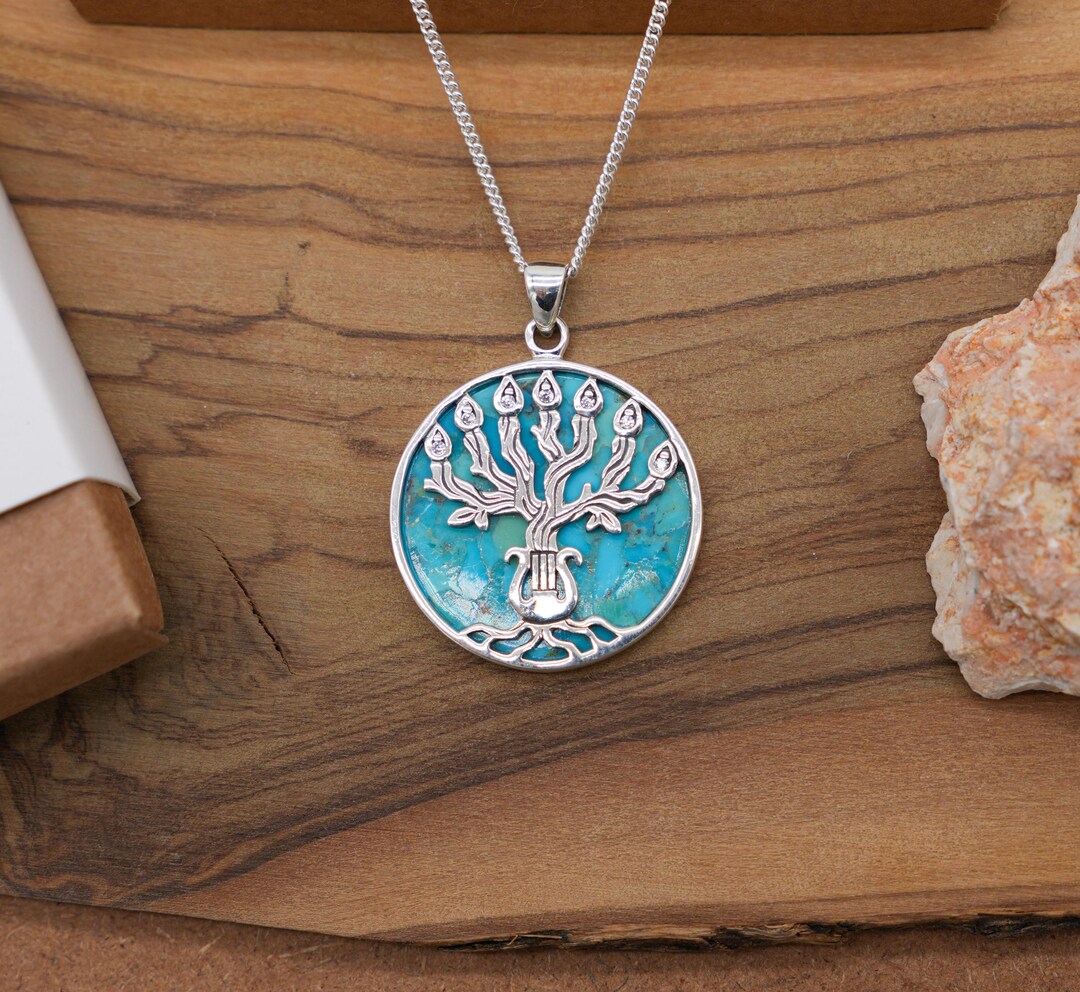 Silver Menorah Pendant With Natural Turquoise Gemstone, 925 Sterling ...