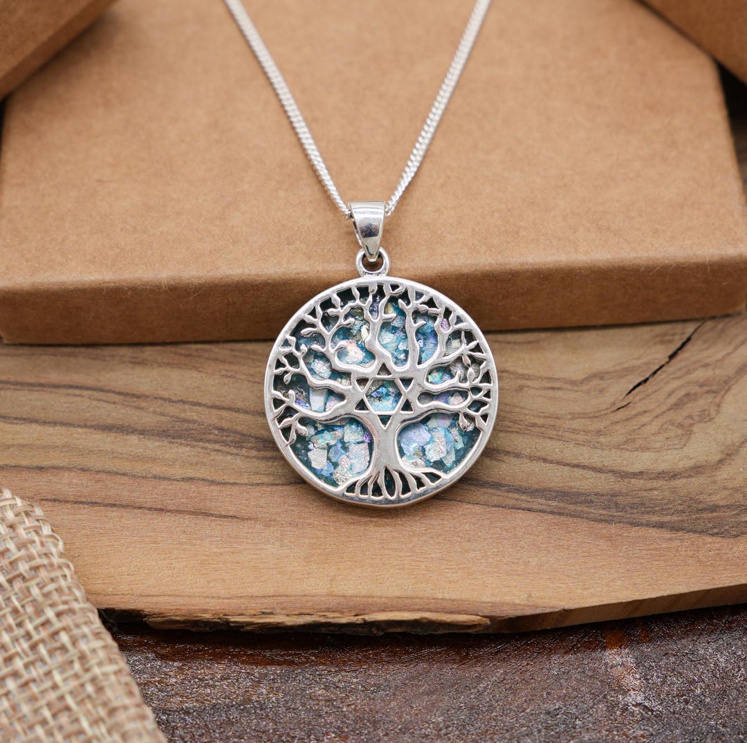 925 Sterling Silver Tree of Life Necklace With Roman Glass, Judaica ...