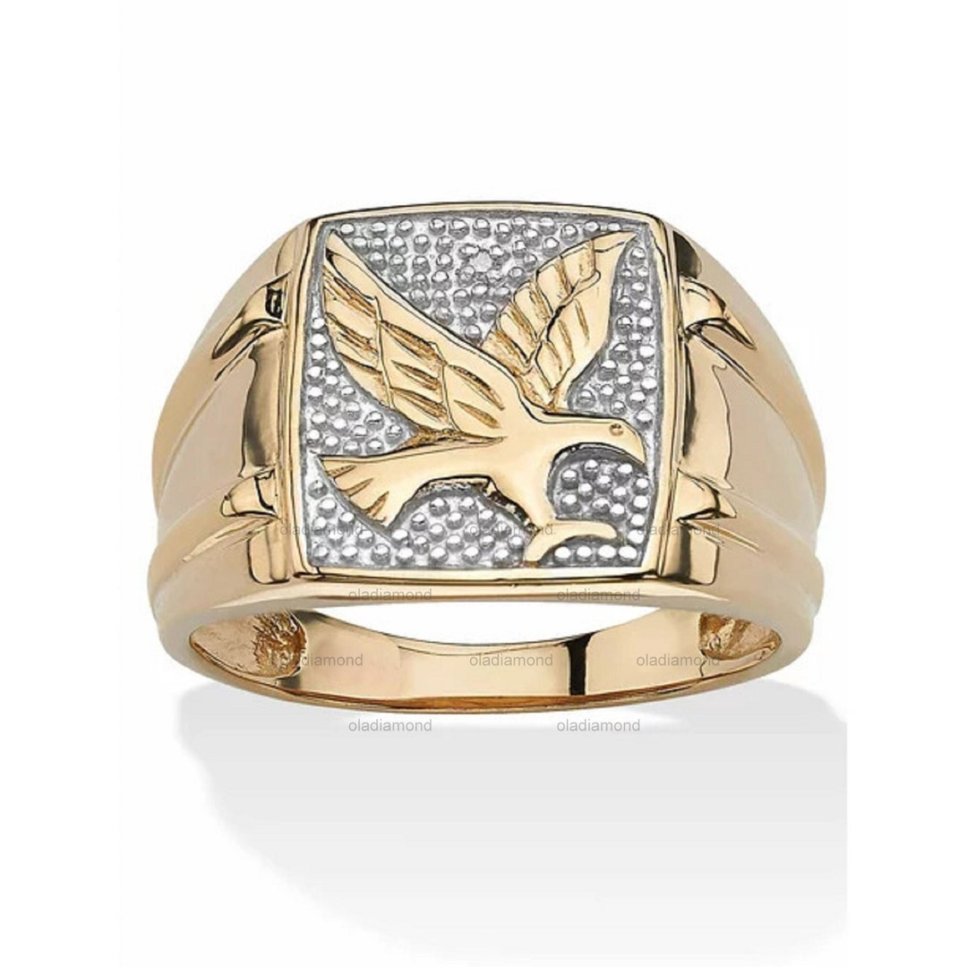 14K Solid Gold Eagle Ring, 925 Sterling Silver Eagle Ring, Men's Signet ...