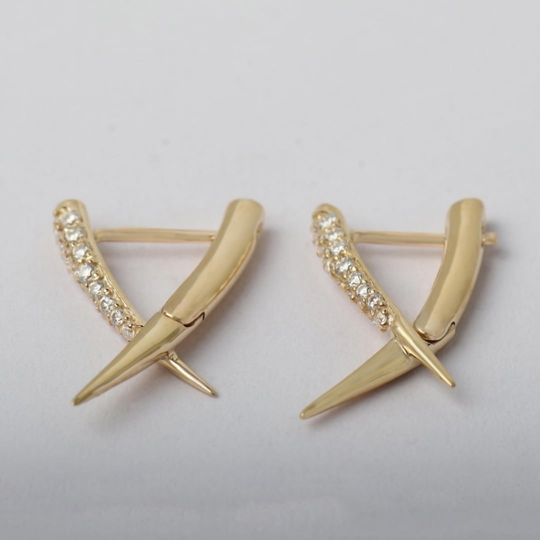 10k 14k 18k Solid Gold Horns Hoop Earrings, Pointed Nails Hoops, Criss ...