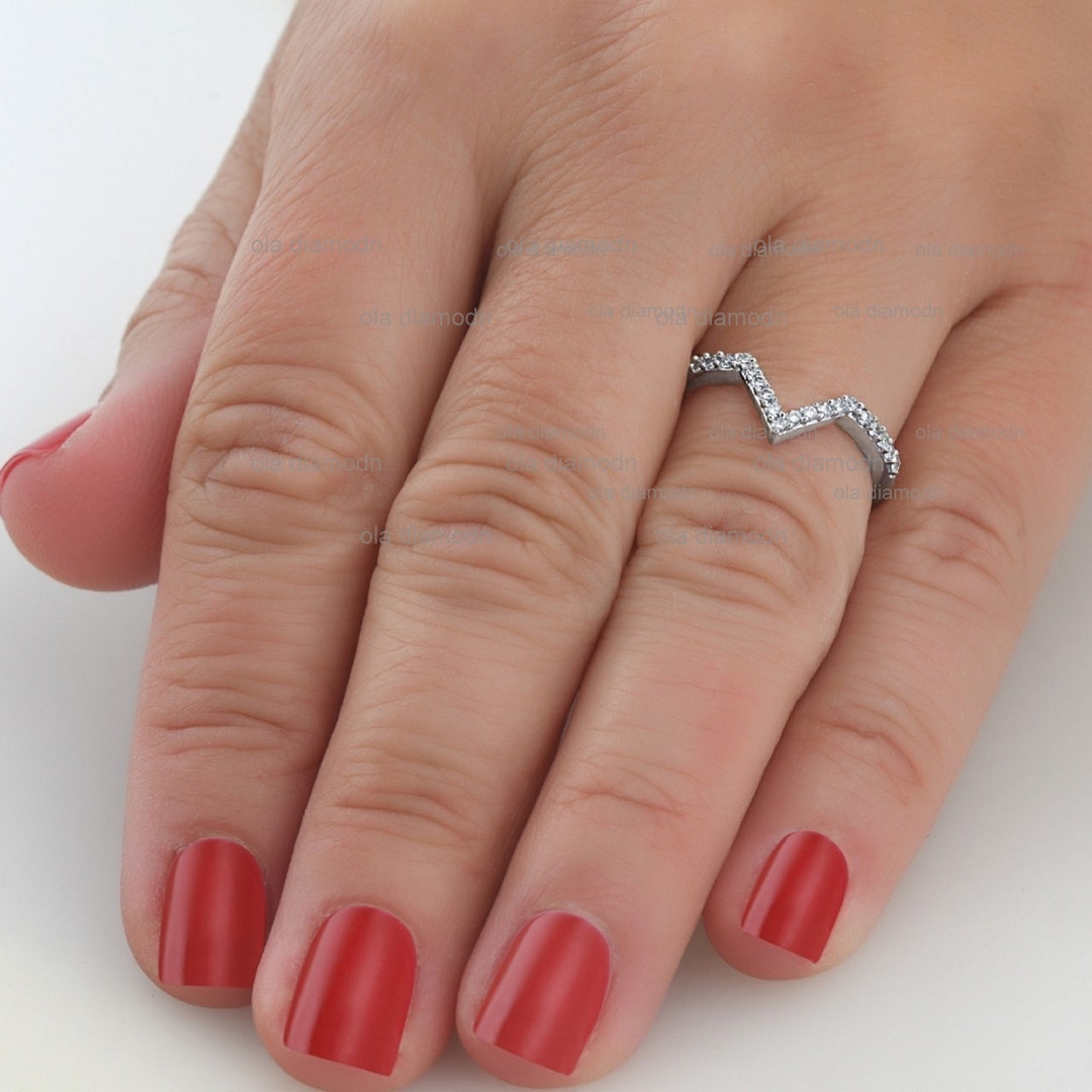 V Moissanite Ring, 14K Solid White Gold V Wedding Ring, Dainty Matching ...