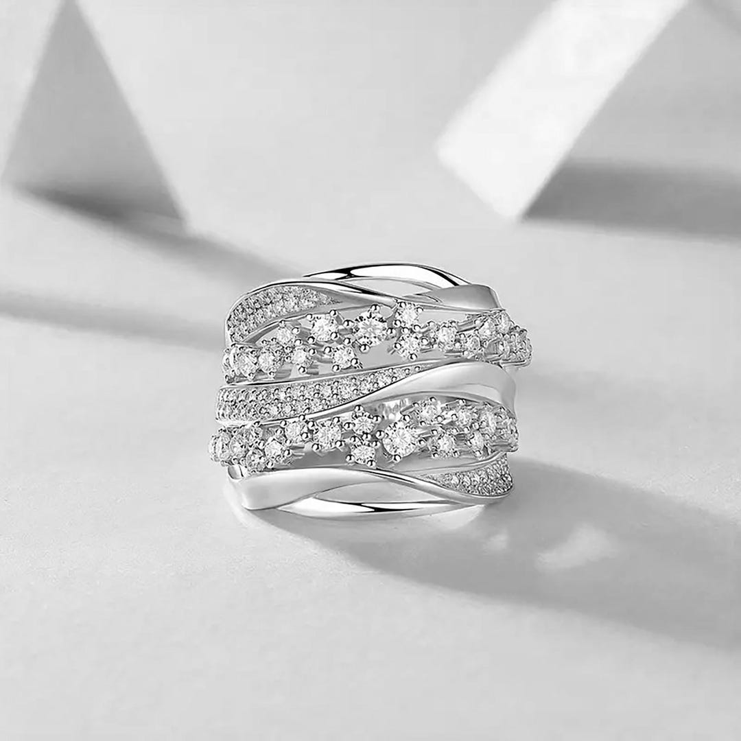 Moissanite Multi Row Half Eternity Crossover Wide Wedding Band in 14K ...