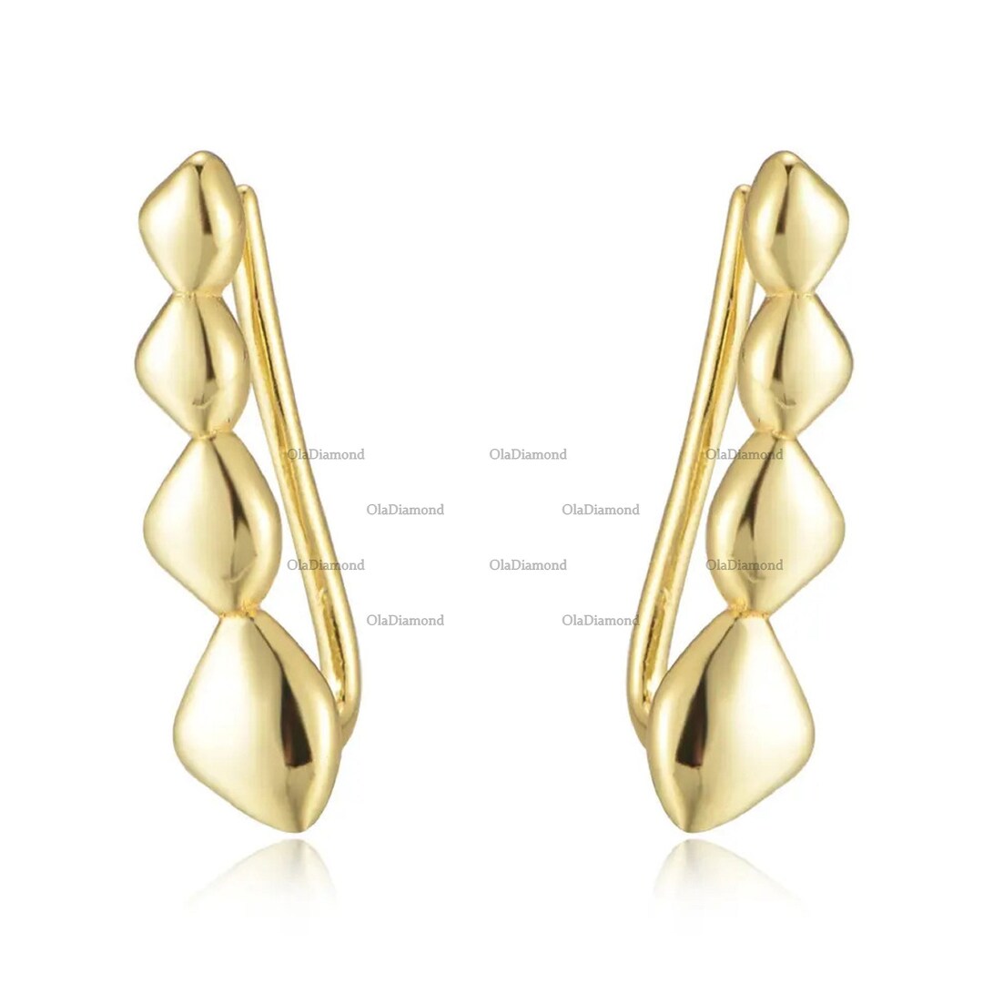14K Solid Gold Geometric Rhombus Ear Climbers, Gold Plated Sterling ...