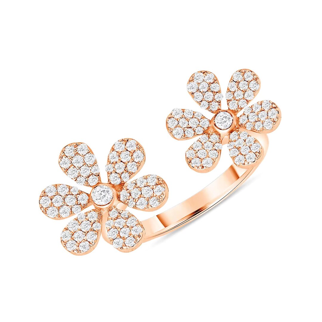 10k Solid Gold Round Lab Grown Diamond Flowers Design Engagement Ring ...