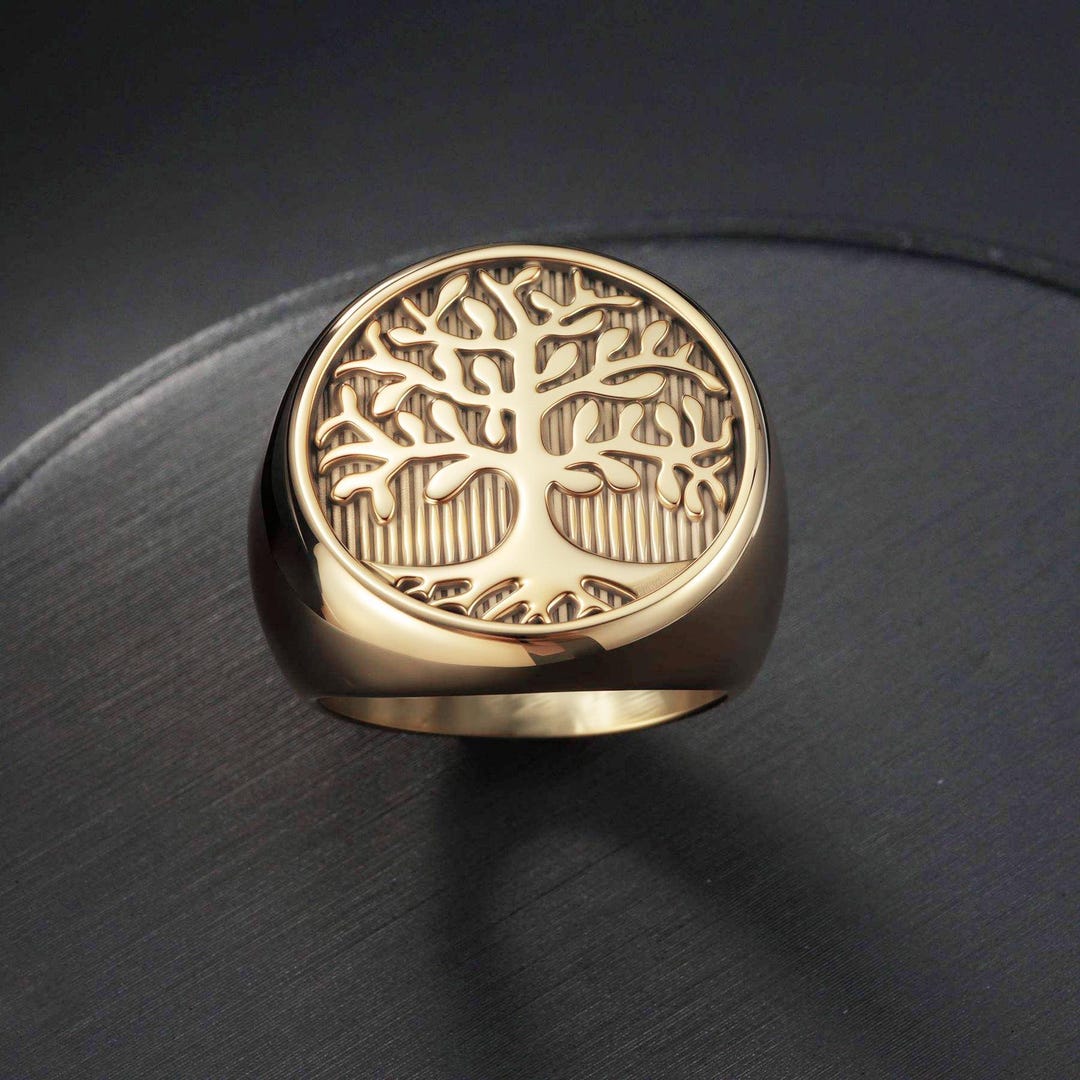 Engraved Tree of Life Signet Ring 10k Gold Symbolic Statement Band ...