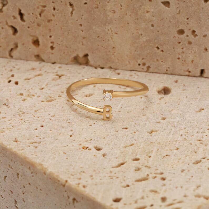 Dainty 14k Gold Letter B Open Bypass Adjustable Ring, Moissanite Lab ...