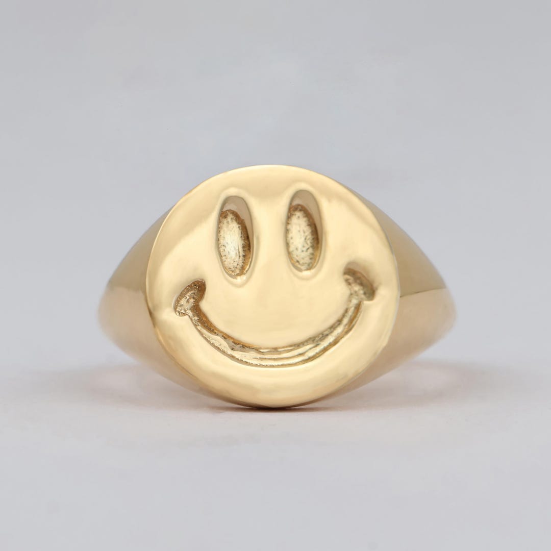 Solid Gold Smiley Face Signet Ring, 10k/14k/18k Gold Happy Face Ring ...