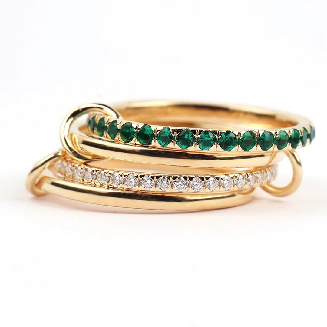 14K Solid Gold Spinner Band, Lab Emerald Moissanite Linked Stackable ...
