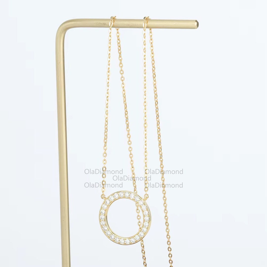 14k Solid Gold Round Moissanite Circle Pendant Chain Minimalist ...