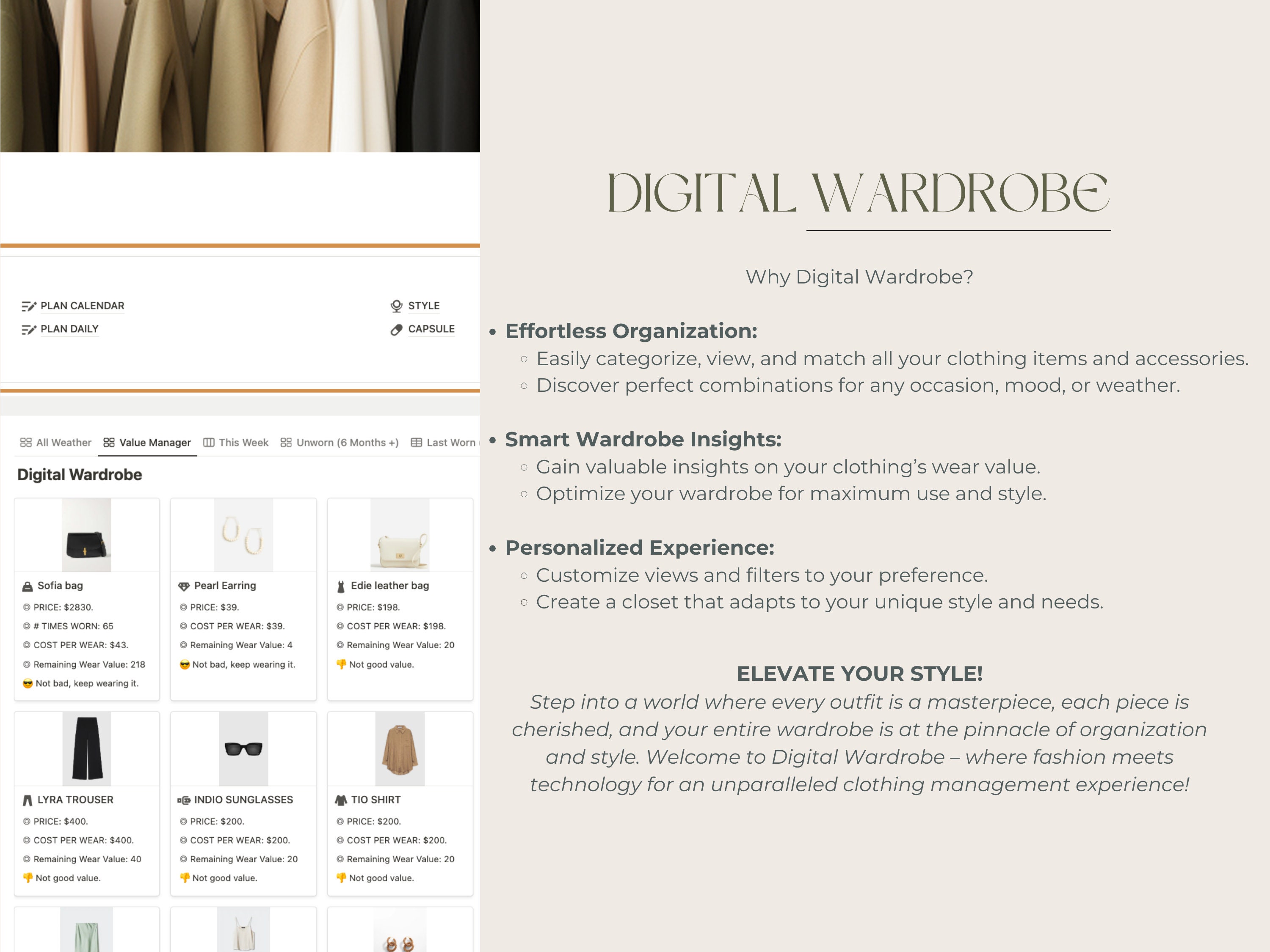 Notion Wardrobe Planner, Wardrobe Manager, Notion Template, Notion ...