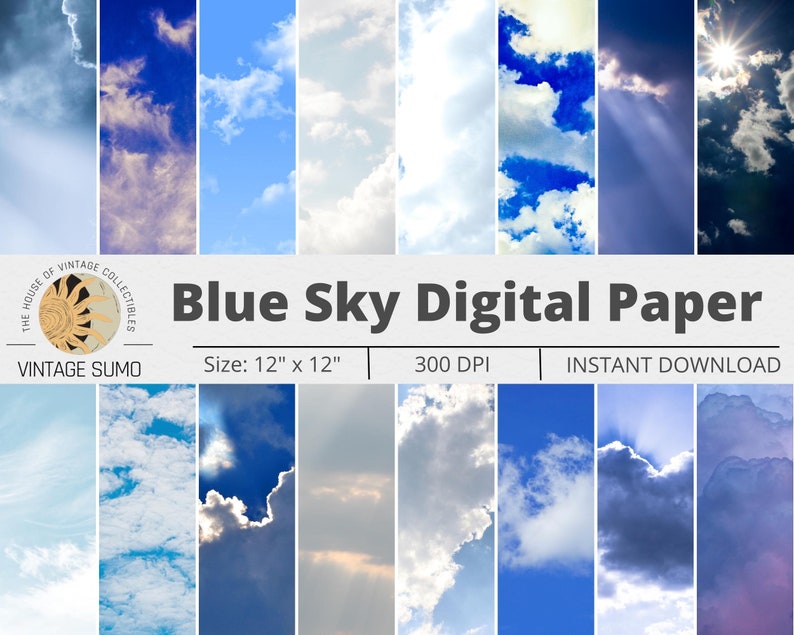 Blue Sky Digital Paper, Summer Sky Background, Clouds Digital Paper ...