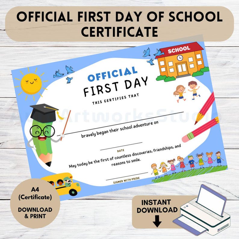 First Day of School Certificate | Printable Keepsake (PDF + PNG) - Etsy UK