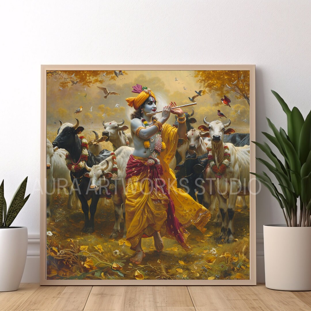 Divine Art of Krishna and Cow in Vrindavan, Sri Krishna Art, Lord ...