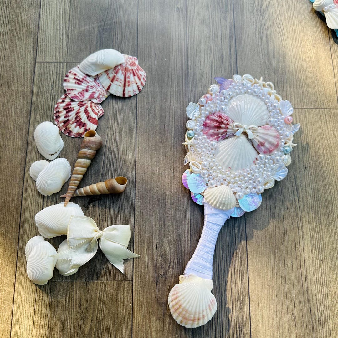 Vintage Seashell Mirror With Bow – Handmade Coastal Vanity Decor – Faux ...