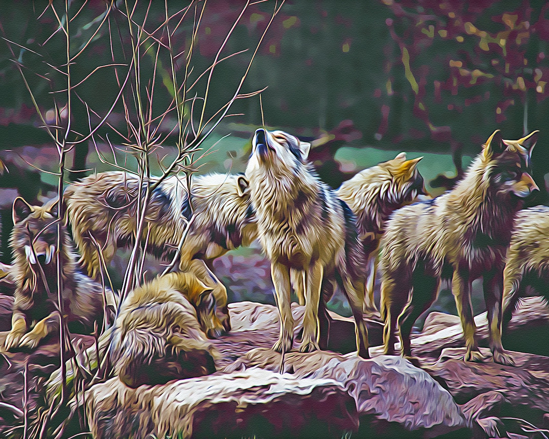 Wolf Art Print Wall Decor, Wolf Pack Painting, Animals Wolf Digital ...