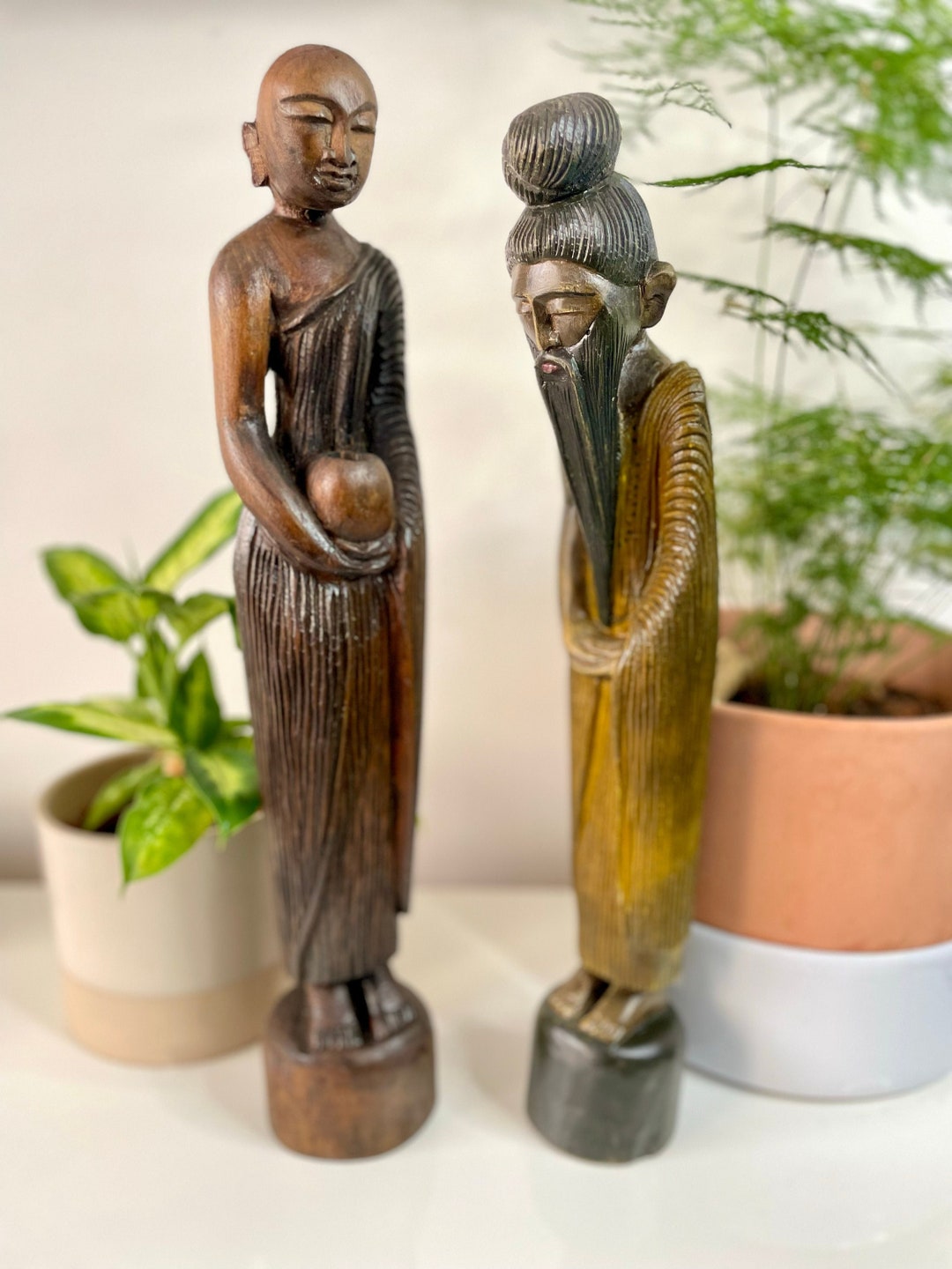 Hand Carved Standing Wooden Statue of a Monk & the Helper(brahmin) - Etsy