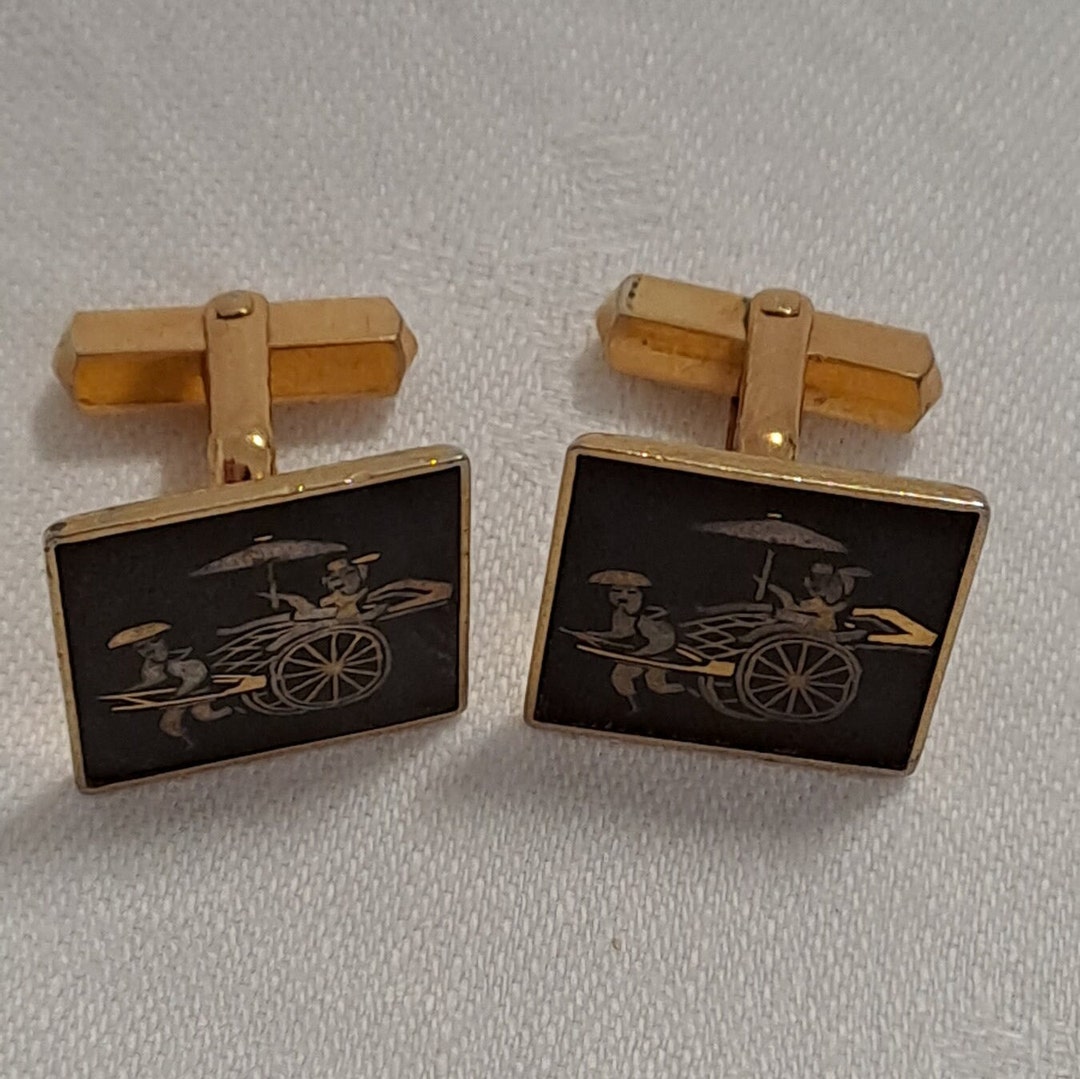 Vintage Black and Gold Cufflinks Rickshaw - Etsy